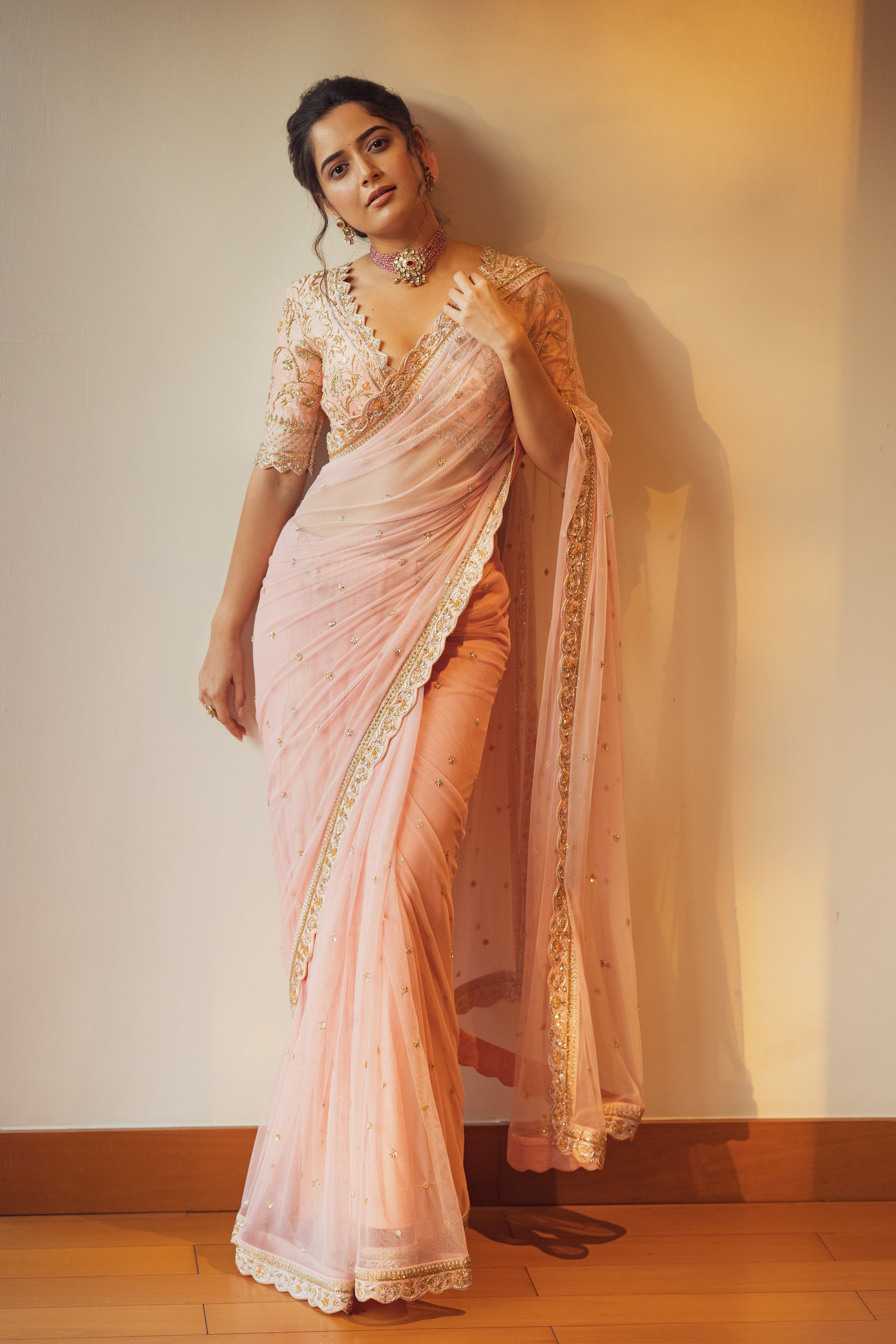 Aashika Rangnath in Heavy Embroidered Silk Net Saree - Rose Gold